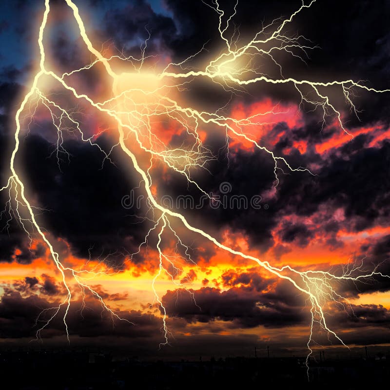 Night Cityscape with Strong Lightning Stock Photo - Image of light ...