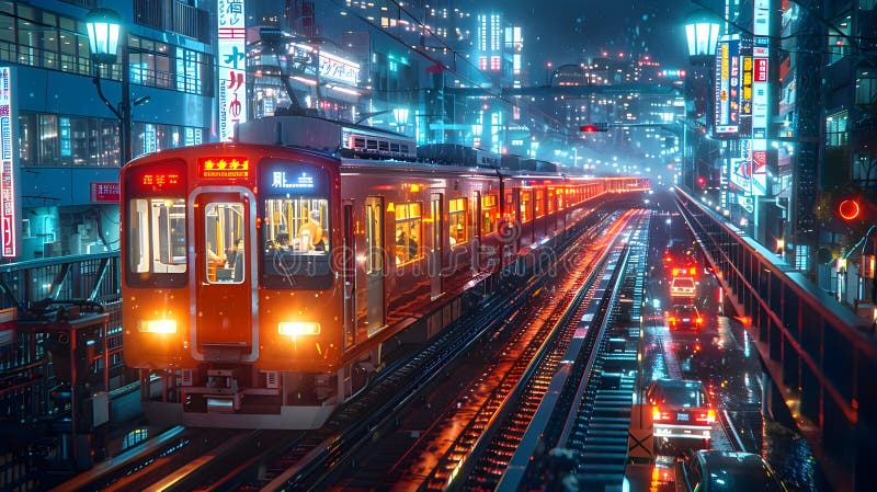 Night Cityscape with Train and Rain Stock Illustration - Illustration ...