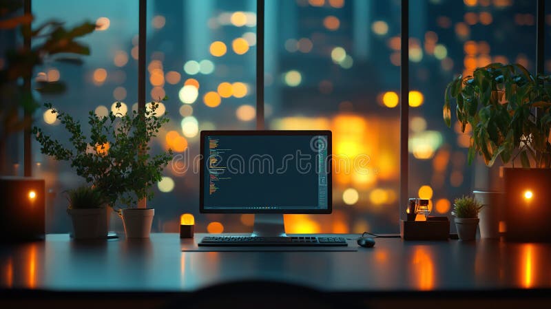Night Cityscape View from Modern Home Office Desk with Computer, Plants ...