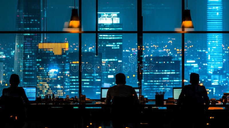 Night Cityscape View from Office Window with Workers Stock Illustration ...