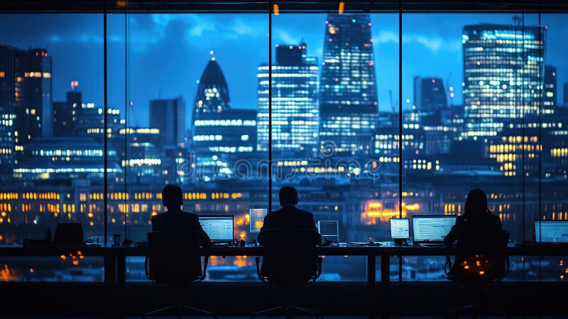 Night Cityscape View, Office Workers, London Skyline Stock Illustration ...