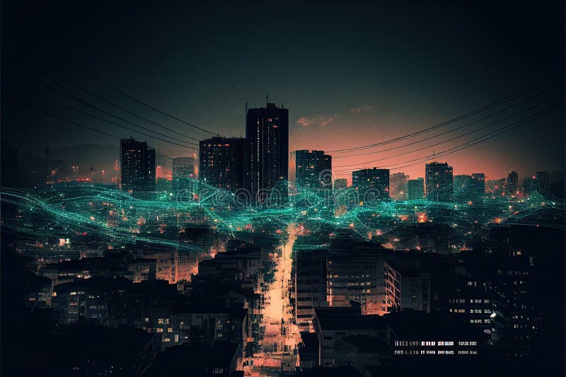 Night Cityscape with Visualized Digital Network . Ai Generative Stock ...