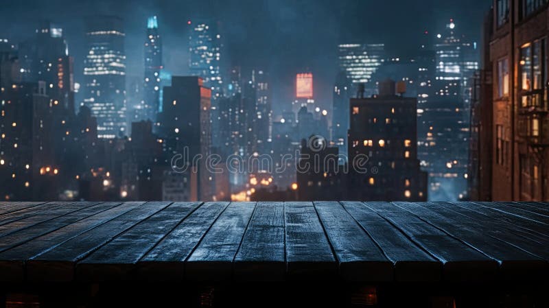 Night Cityscape Wooden Deck Stock Illustration - Illustration of modern ...