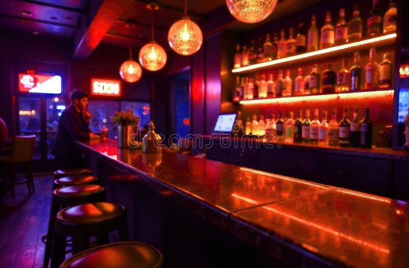 Night Club, Bar Counter with Alcohol, Bright Lighting Stock Image ...