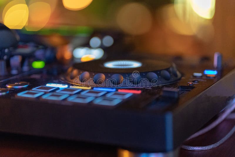 Night Club Perfomance. DJ Mixing Deck Controller Connecting To Laptop ...