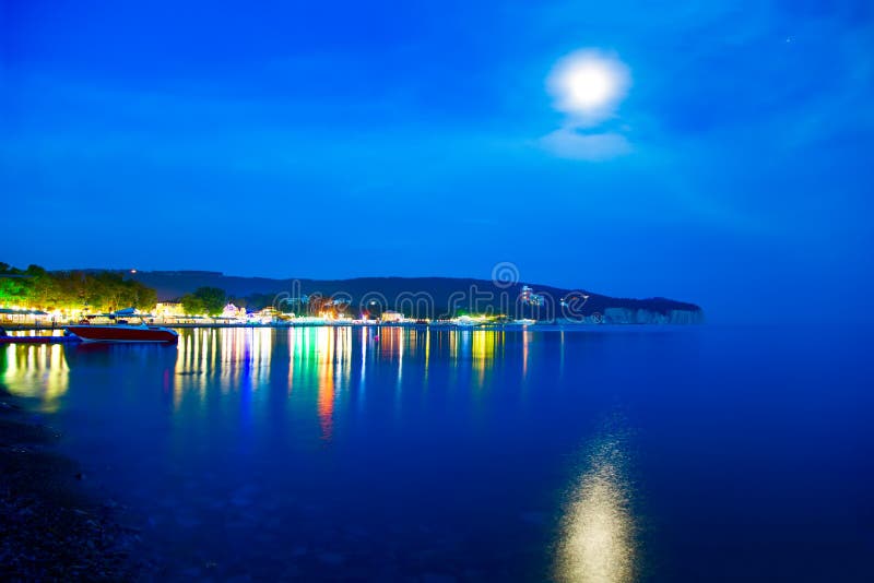 Night Coast. Boat. Moon. Sea Stock Photo - Image of architecture, house ...