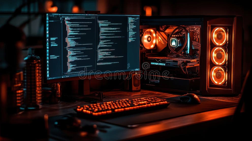 Night Coder s Setup stock illustration. Illustration of desktop - 366243964