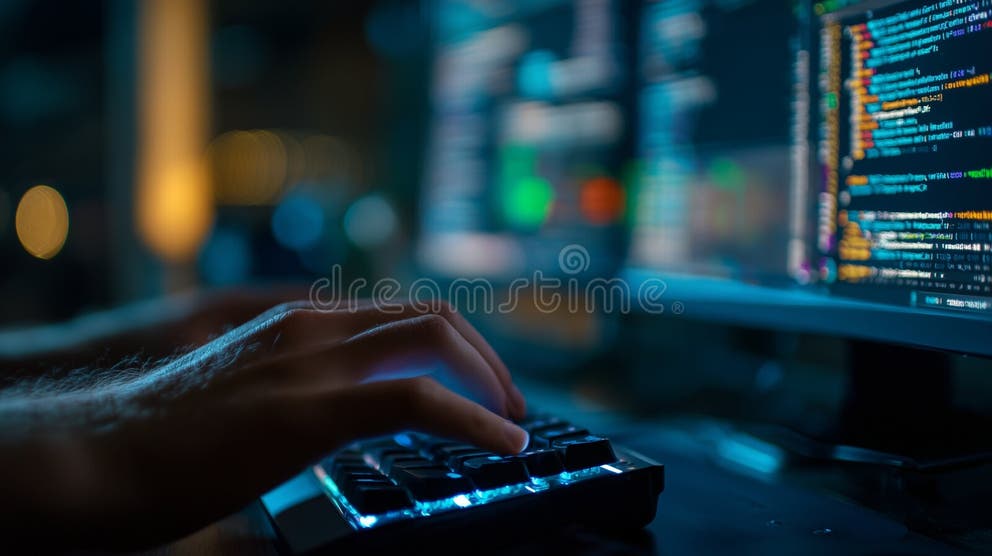 Night Coding Scene in Dark Mode with Glowing AI Interface Stock ...