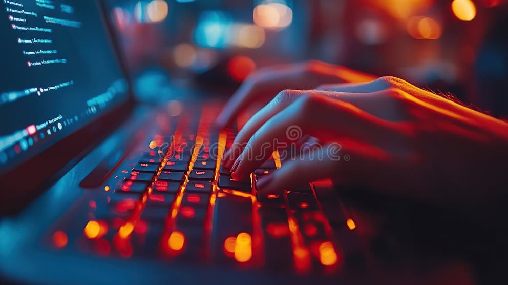 Night Coding Session: Illuminated Keys & Focused Hands Stock ...