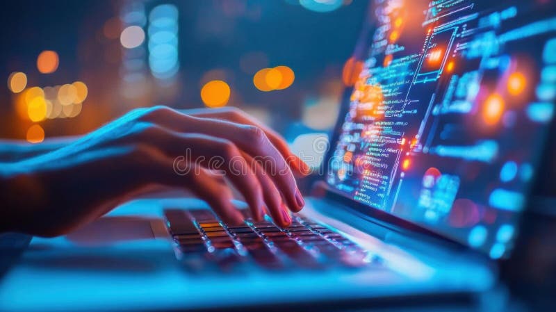 Night Coding, Software Development on Laptop Stock Illustration ...