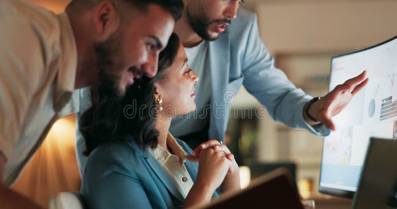 Night, Computer and Designer Team in Office for Teamwork, Creative and ...