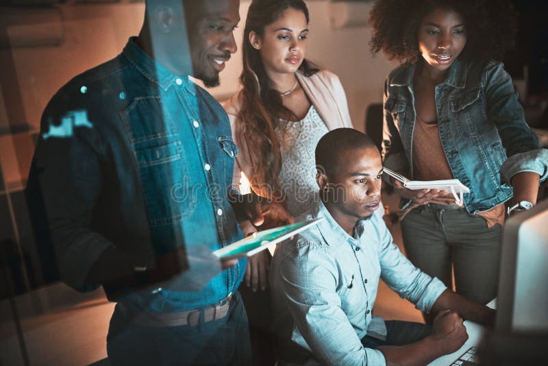 Night, Computer and Planning with Business People Office for Teamwork ...