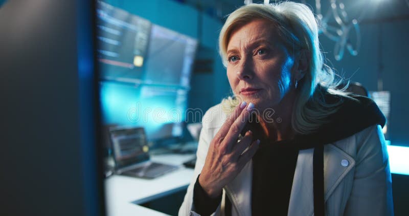 Night, Computer and Woman with Cyber Security, Programming and Thinking ...