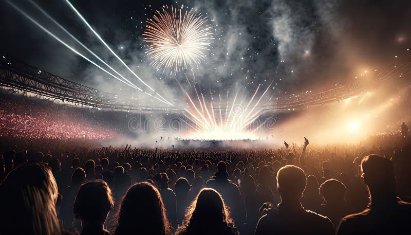A Night Concert with Fireworks Lighting Up a Crowd of Cheering ...