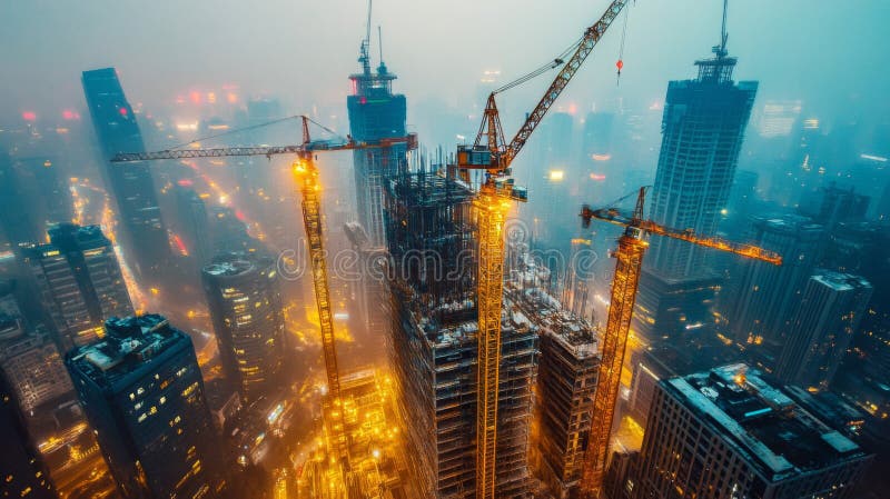 Night Construction in a Dense City Stock Illustration - Illustration of ...