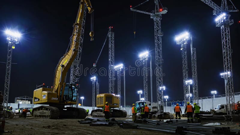 Night Construction Site with Cranes and Excavators Working Stock ...