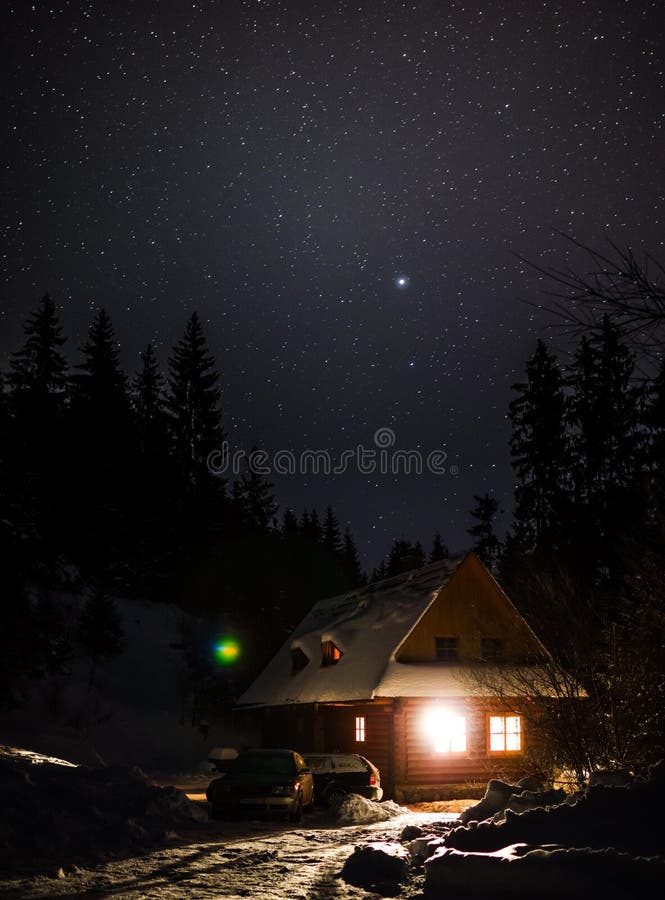 Night cottage stock image. Image of outdoor, field, snowfall - 97011821