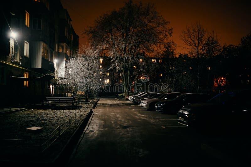 Night Courtyard during Fog, Autumn Stock Image - Image of black, light ...
