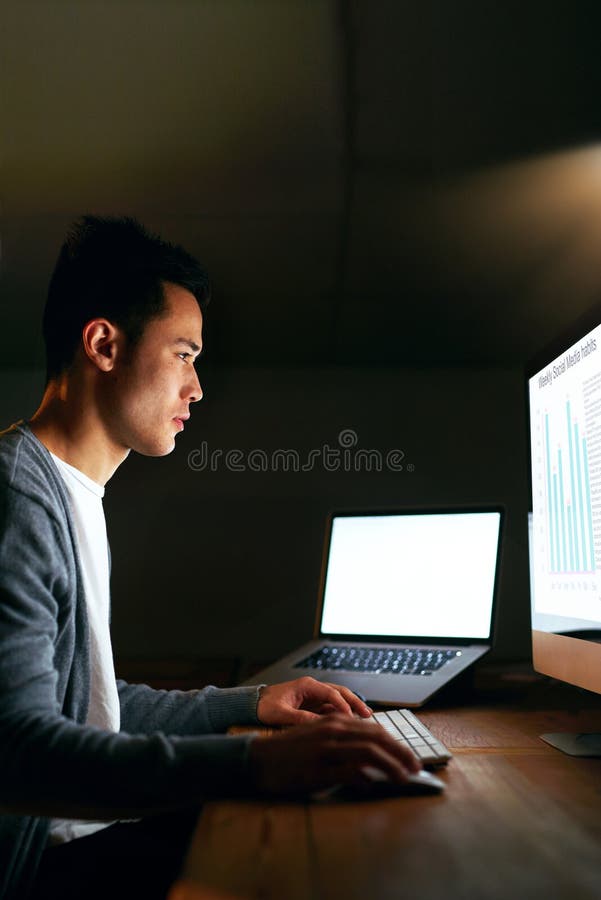 Night, Dark and Businessman by Computer with Analytics Screen for ...