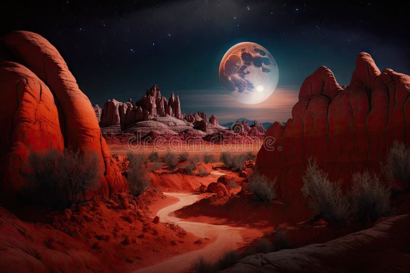 Night Desert Landscape with Red Rock Formations Stock Illustration ...