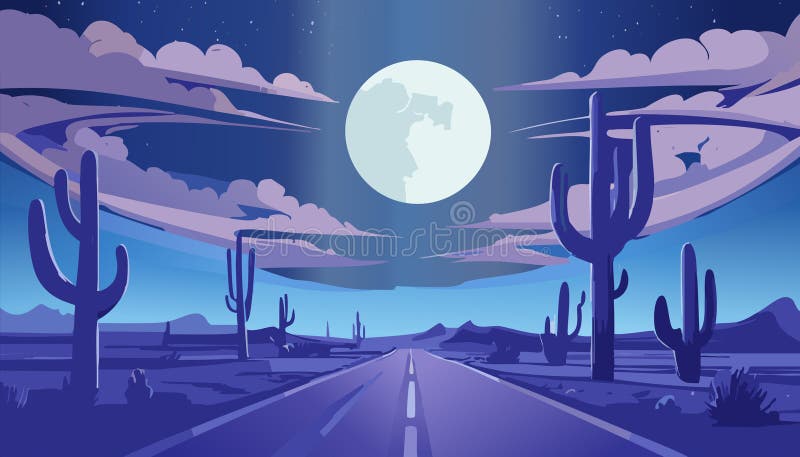 Night Desert Landscape with Road and Cactuses. Vector Illustration ...