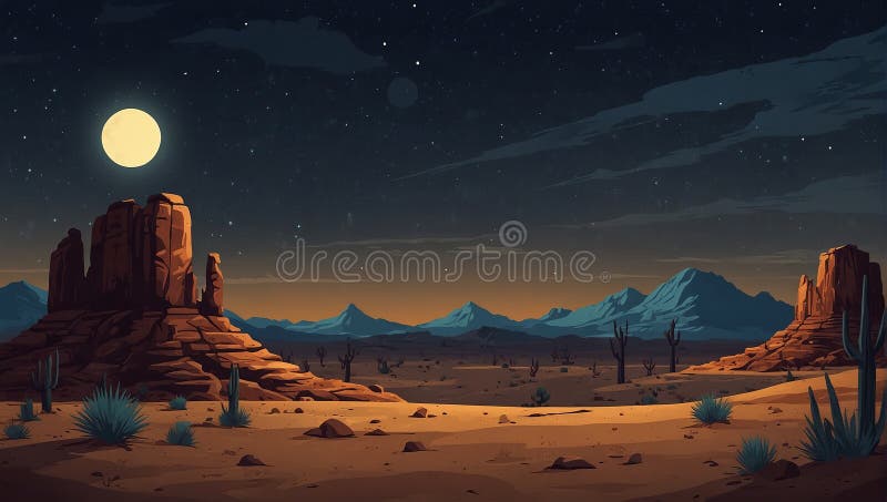 Night Desert Landscape with Rock and Full Moon. 2d Style Stock Photo ...