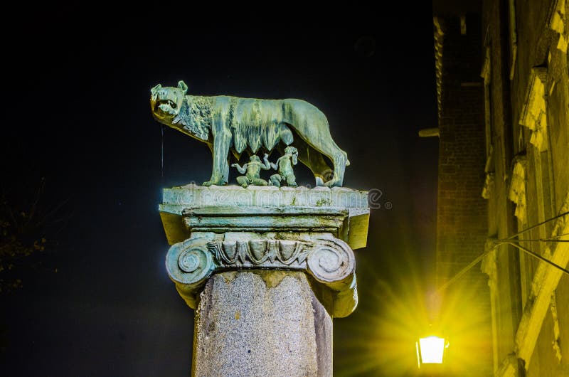 Night Detail of Symbol of Rome: she-wolf Breastfeeding Romulus and ...