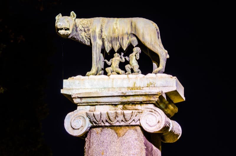 Night Detail of Symbol of Rome: she-wolf Breastfeeding Romulus and ...