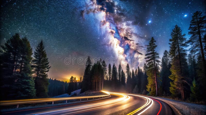 Night Drive through a Forest Under a Starry Sky with Milky Way ...