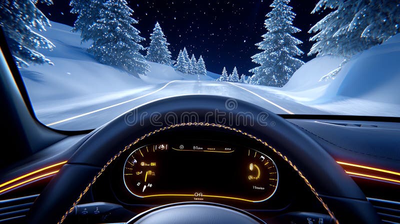 Night Drive through Snowy Forest Illuminated Car Interior, Snowy Road ...