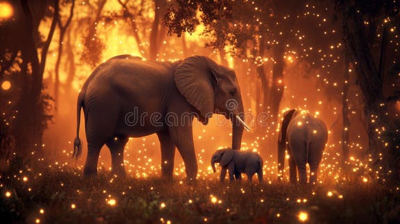 At Night, Elephants Stroll through a Field Illuminated by Fireflies ...