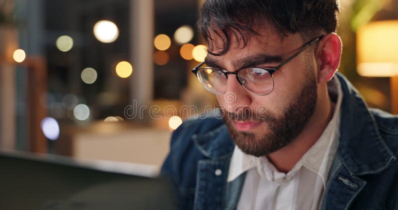 Night, Employee and Man with Laptop, Thinking and Ideas with Wonder ...