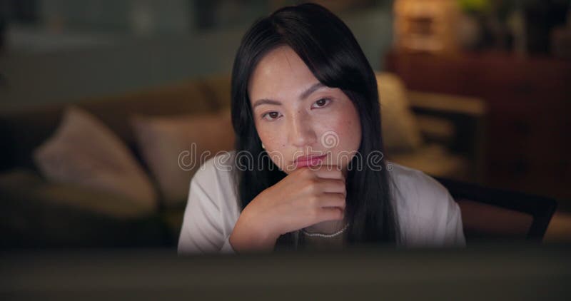 Night, Employee and Woman with Tech, Thinking and Deadline with Problem ...