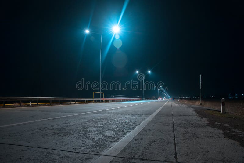 Night Road with Street Lights Stock Image - Image of dusk, electric ...