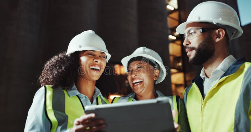 Night, Engineering and People with Tablet, Laughing and Conversation ...