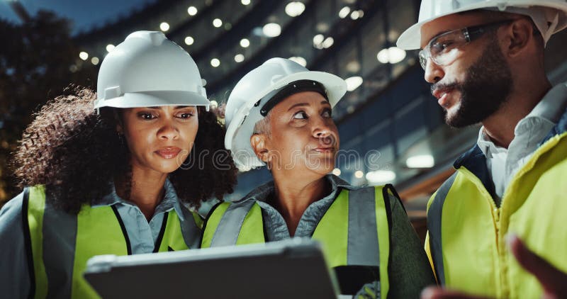 Night, Engineering and People with Tablet, Planning and Conversation ...