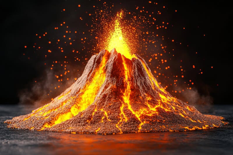During the Night, an Erupting Volcano Emits Glowing Lava and Ash Stock ...