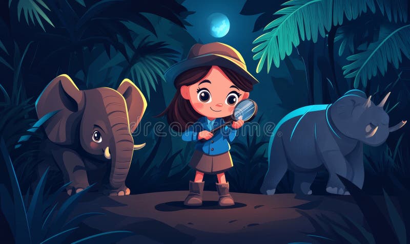 At Night, an Explorer Boy is Surrounded by Animals in Nature As he ...