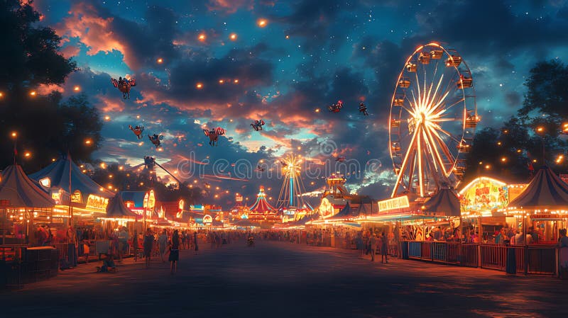 Night Fair, Ferris Wheel, Lanterns, Crowds, Fun Stock Illustration ...