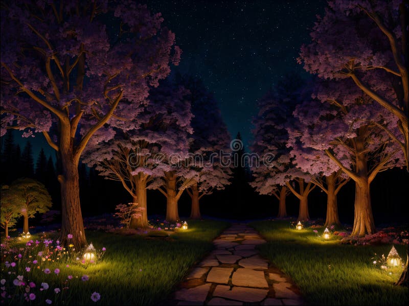 Night Fairy Forest. a Stone-paved Path in the Forest Stock Illustration ...