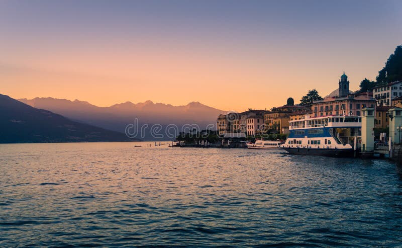 Sunset in Lake Como stock image. Image of mountain, monument - 183739255