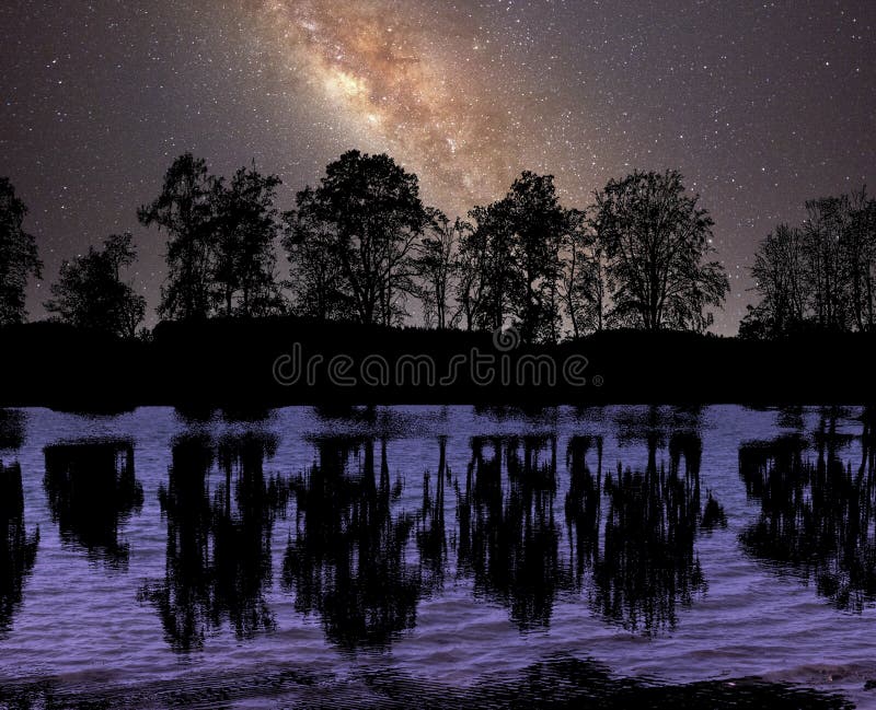Night Falls on the River with Milky Way on the Sky Stock Photo - Image ...
