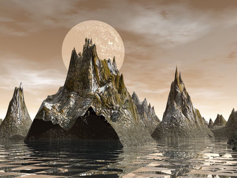 Night Fantasy Lansdcape with Cliffs, Moon and Water - 3D Render Stock ...