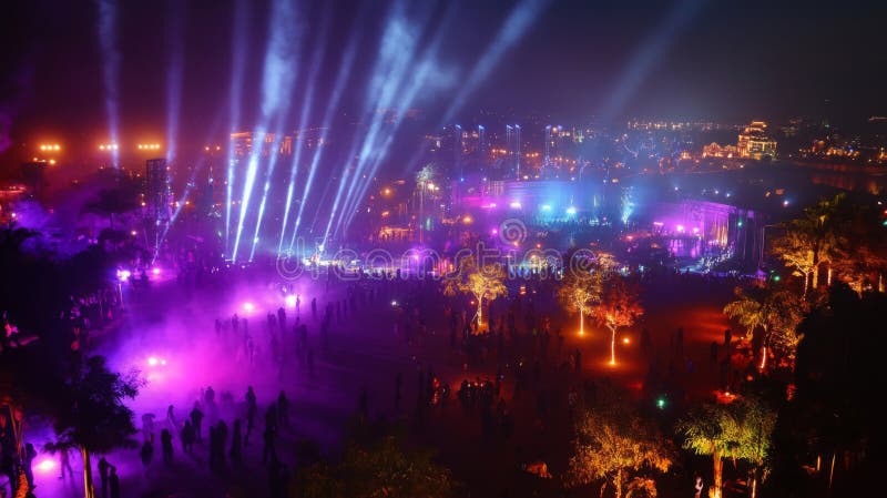Night Festival with Colorful Lights and Crowd Stock Illustration ...