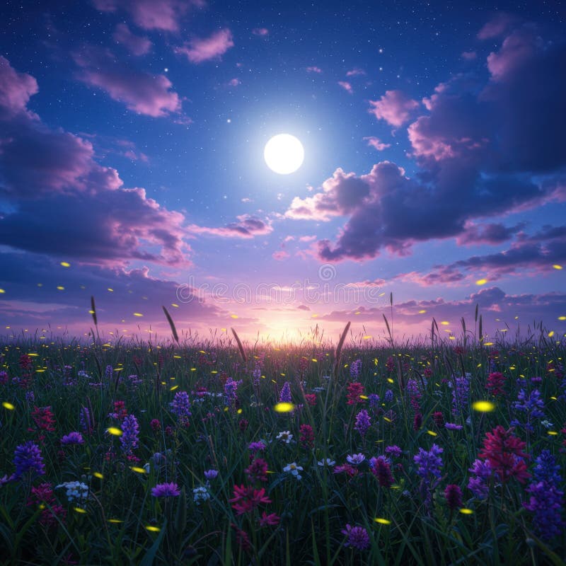 Night Field of Flowers with Fireflies and Full Moon Stock Illustration - Illustration of ...