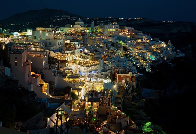 Night Fira Panorama at Santorini, Greece 3 Stock Image - Image of ...