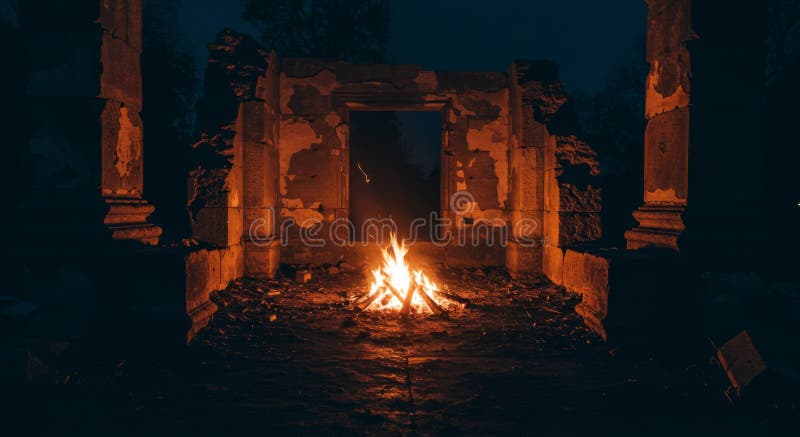 Night Fire in Ancient Ruins Stock Illustration - Illustration of night ...