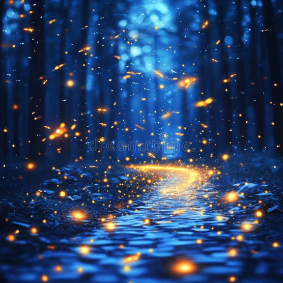 At Night, Fireflies Light Up the Path in the Enchanted Forest Stock ...
