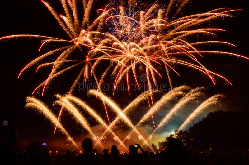 Night Fireworks Display, Large Numbers of People Gathered Stock Photo ...