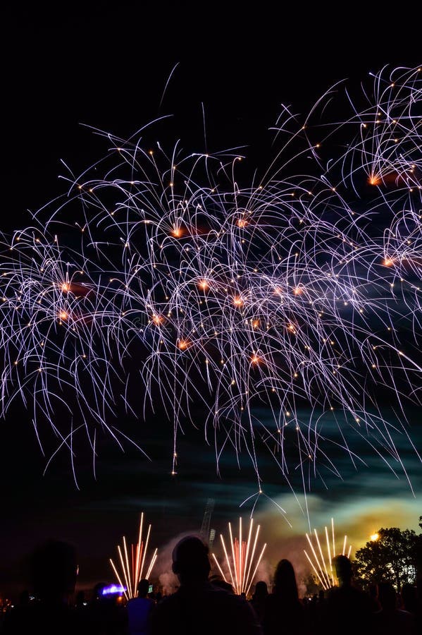 Night Fireworks Display, Large Numbers of People Gathered Stock Photo ...